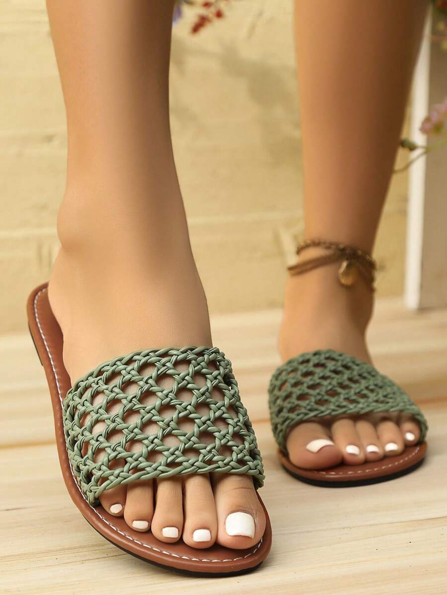 Women Fashion High-End Vacation Elegant Flat Woven Slide Sandals, Slip ...