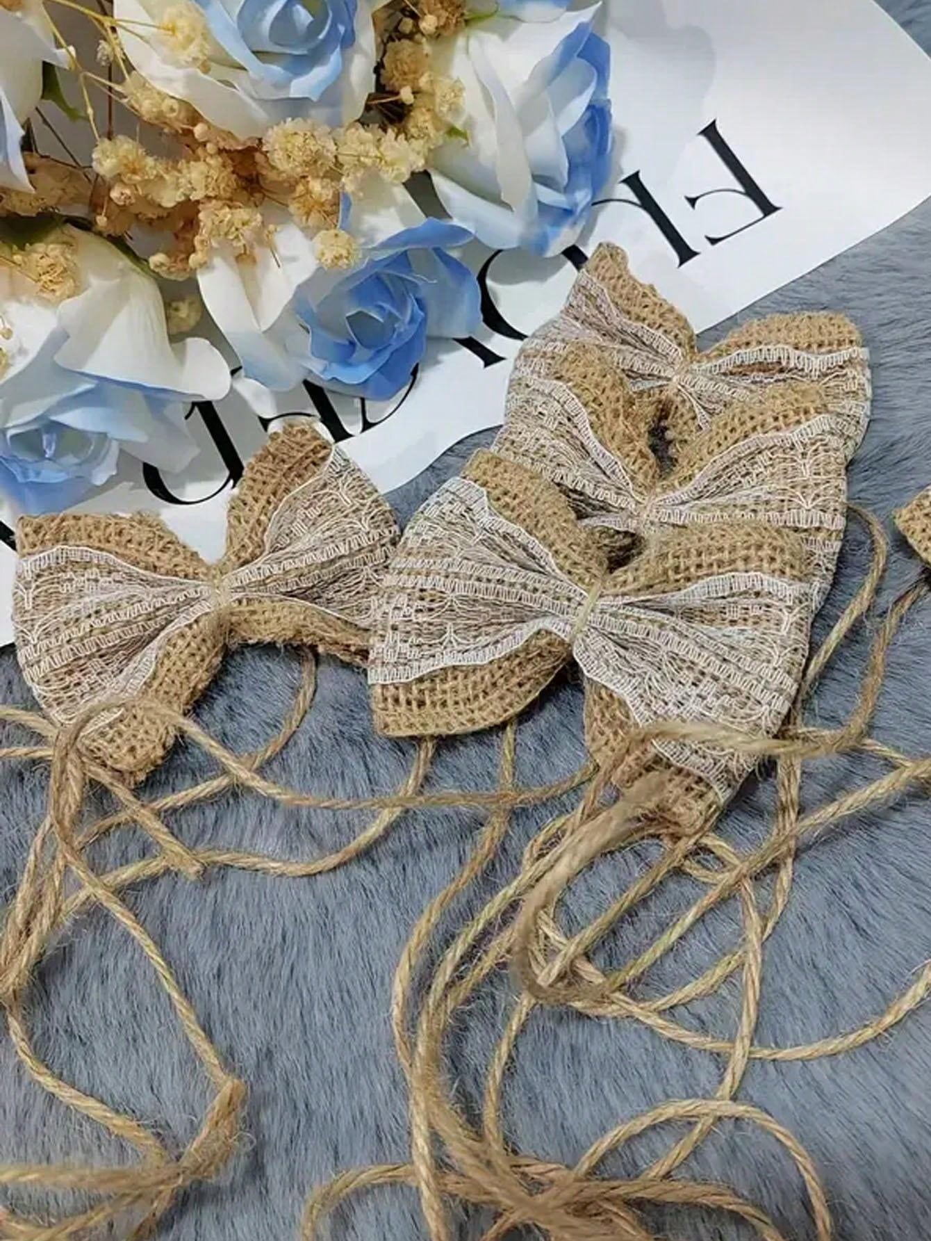 5pcs Lace & Burlap Bow Ties With Strings, Handmade Lace Bow Knots For ...
