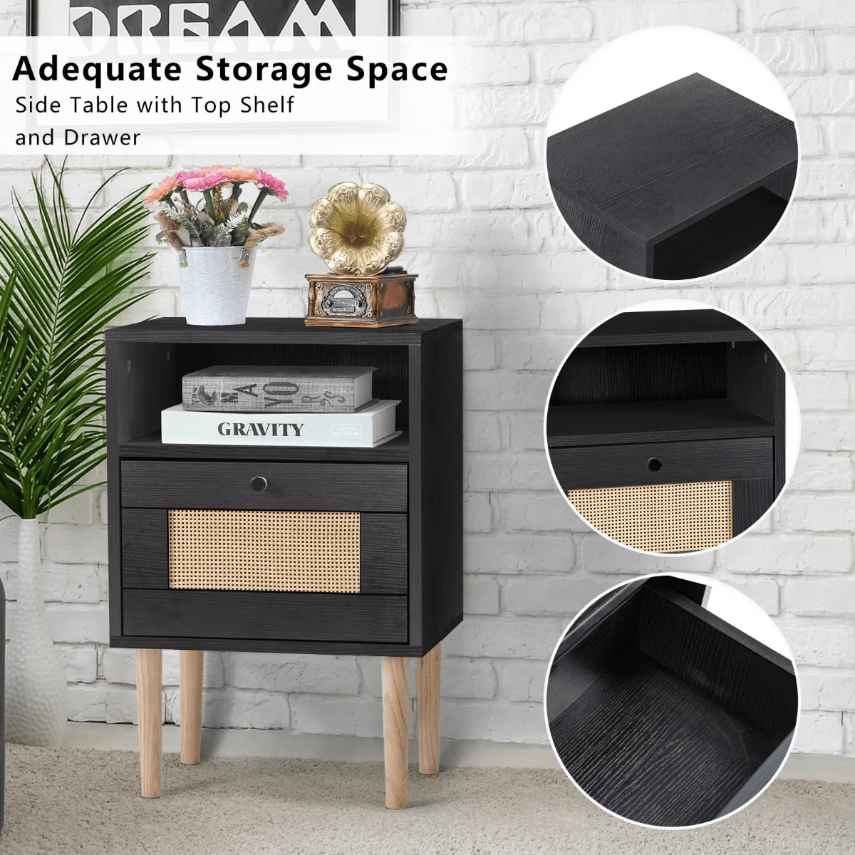 Modern Bedside Table With Rattan Drawer, Bed Side Table With Storage ...