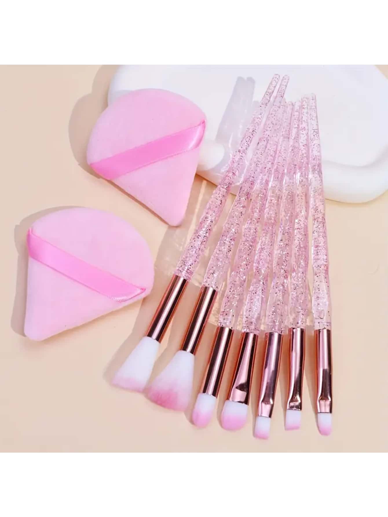 7 Pink Makeup Brush Set + 2 Powder Puffs, Beauty Tools For Beginners ...