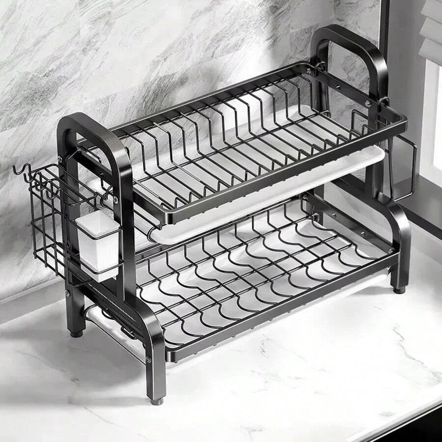 Dish Drying Rack 2-Tier Compact Kitchen Dish Rack Drainboard Set Large ...