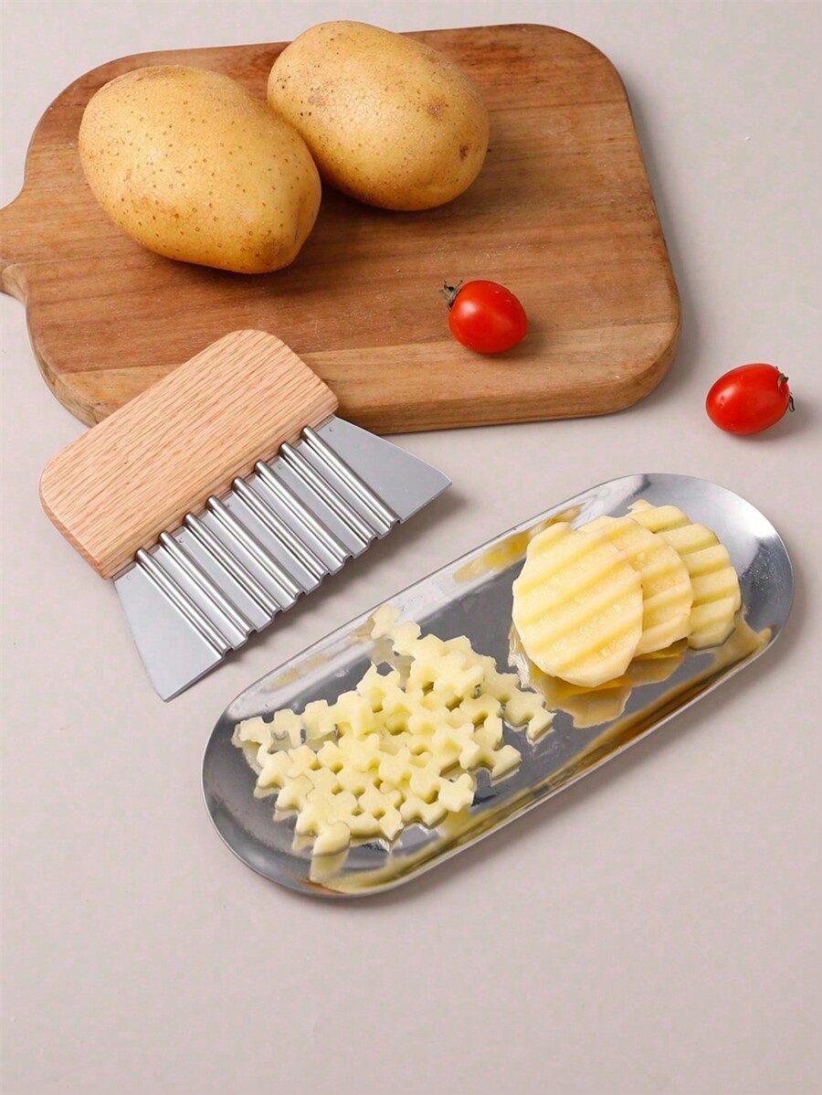 1pc Stainless Steel Potato Cutter, Wooden Handle Wavy Fries Cutter ...