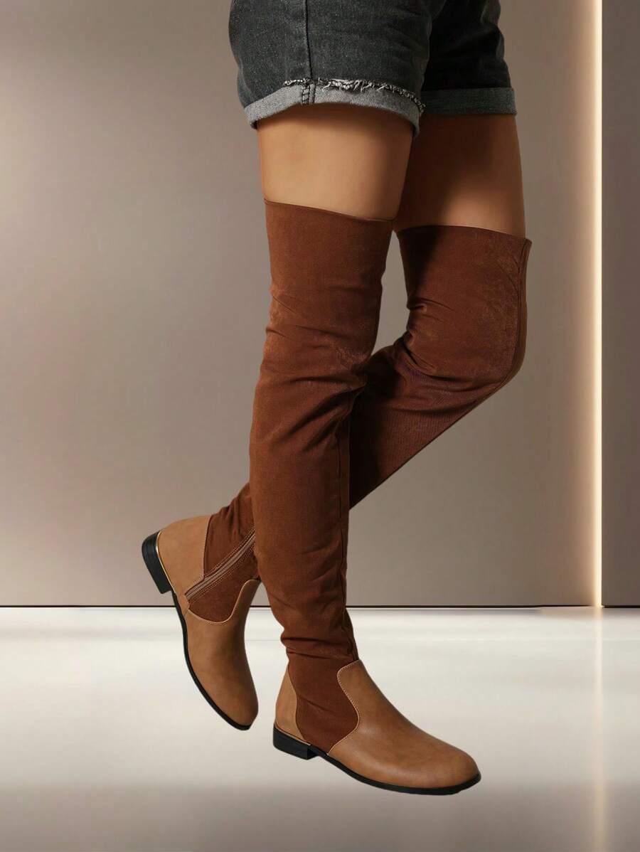 Women's Patchwork Suede Round Toe Flat Over-The-Knee Boots, Sexy ...