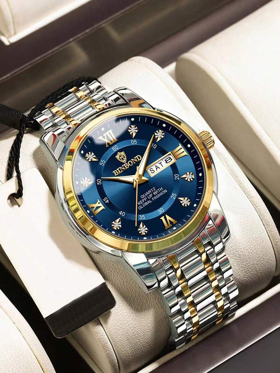 1pc Men's Luxury Golden Steel Strap Business Style Dual Time Zone ...