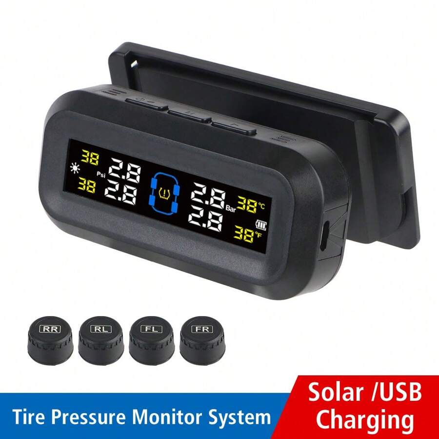 Solar Usb Powered Car Tpms Tire Pressure Monitoring System Auto Security Alarm Digital Lcd