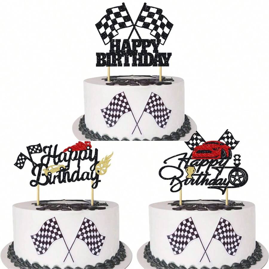 1Pc Race Car Happy Birthday Cake Topper Glitter Flag Trophy Racing Car ...