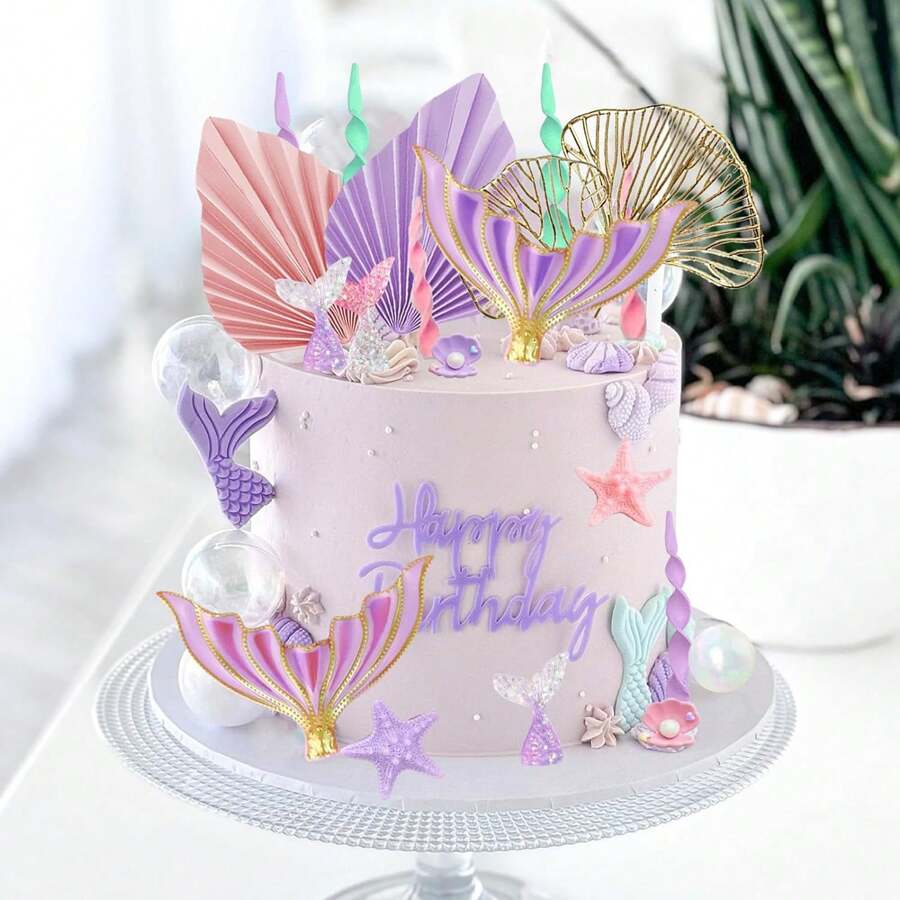 Mermaid Cake Topper Big Mermaid Tails Seaweed Bubbles Shells And Golden ...