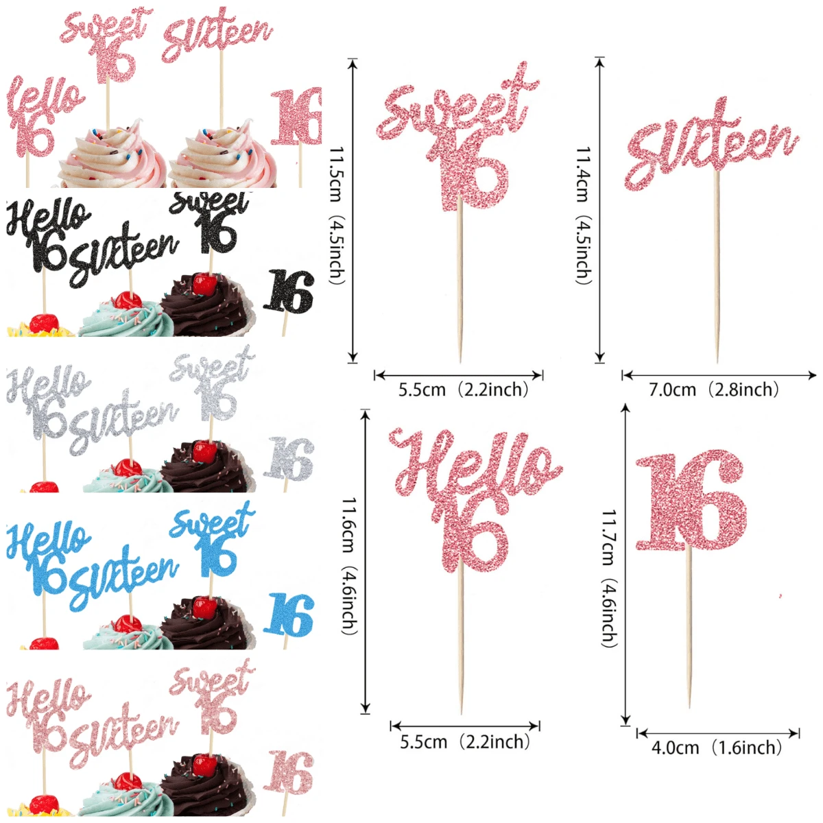 24 Pack 16th Birthday Cupcake Toppers Sweet 16 Cake Toppers Hello 16 ...