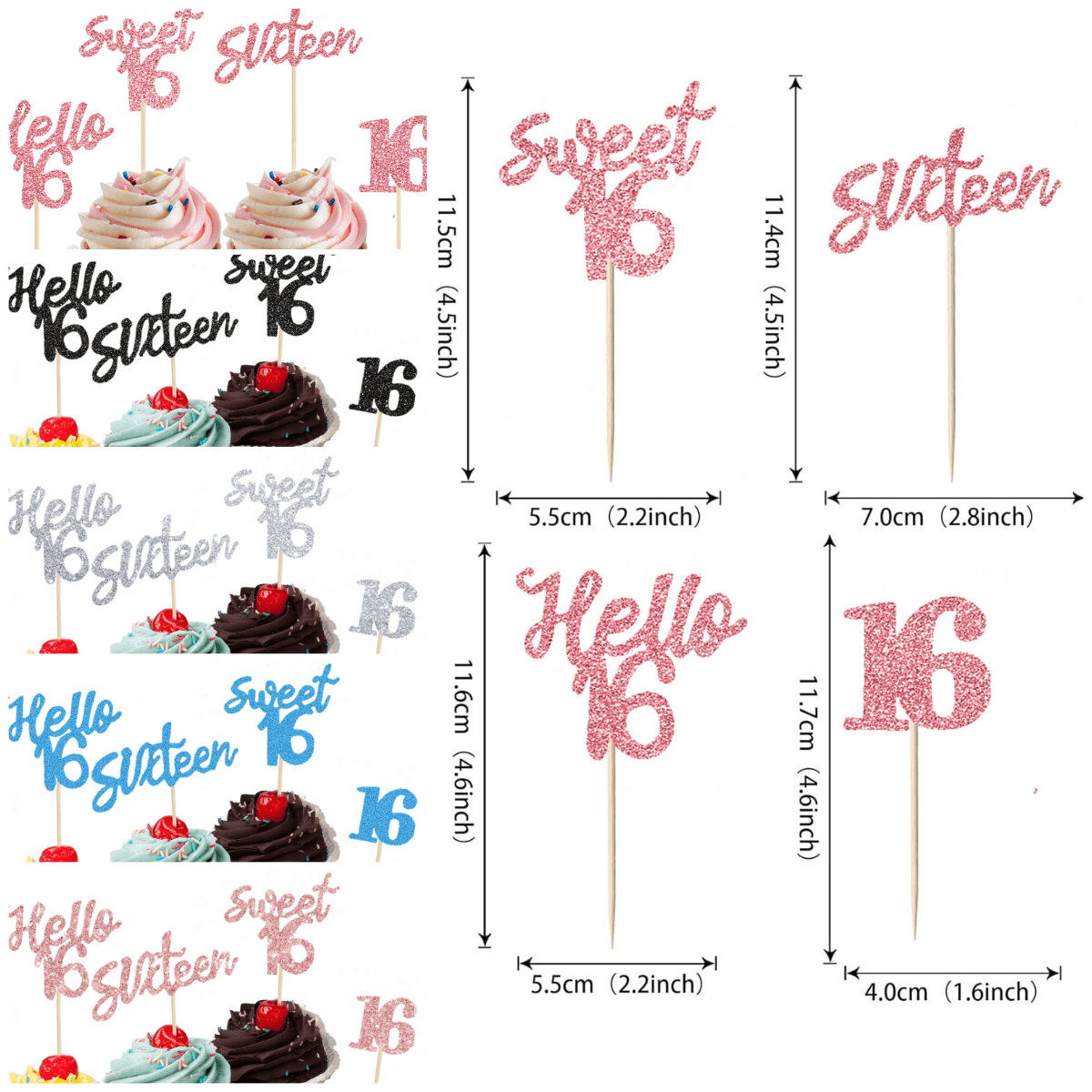 24 Pack 16th Birthday Cupcake Toppers Sweet 16 Cake Toppers Hello 16 ...