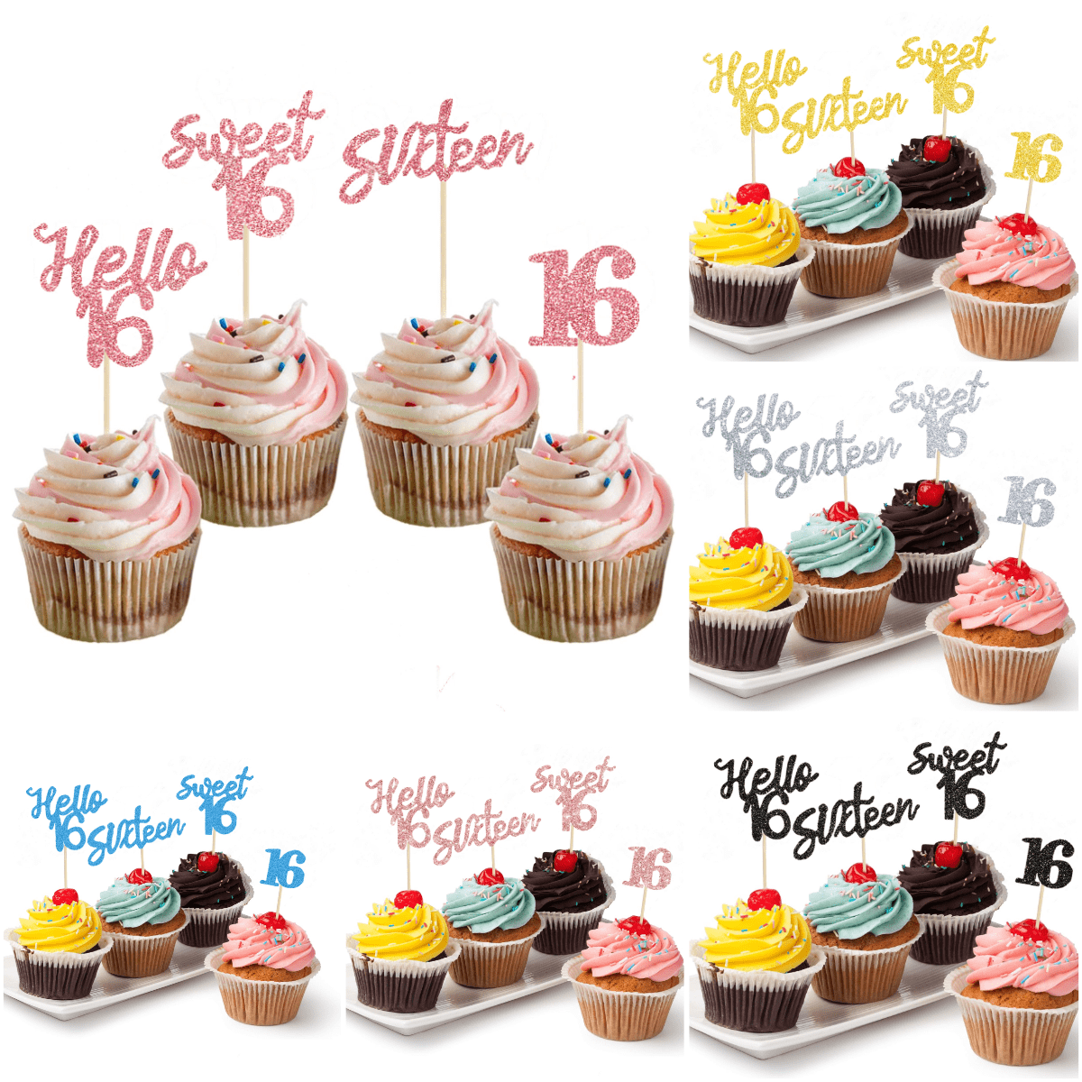 24 Pack 16th Birthday Cupcake Toppers Sweet 16 Cake Toppers Hello 16 ...