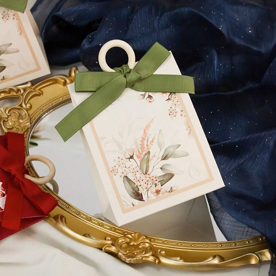 10pcs/20pcs Champagne Gift Box With Wooden Ring & Green Ribbon, Party ...