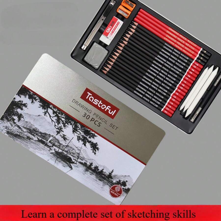 30 Piece Sketch Set, Iron Box HB Pencil, Student Pencil, 2b Drawing ...