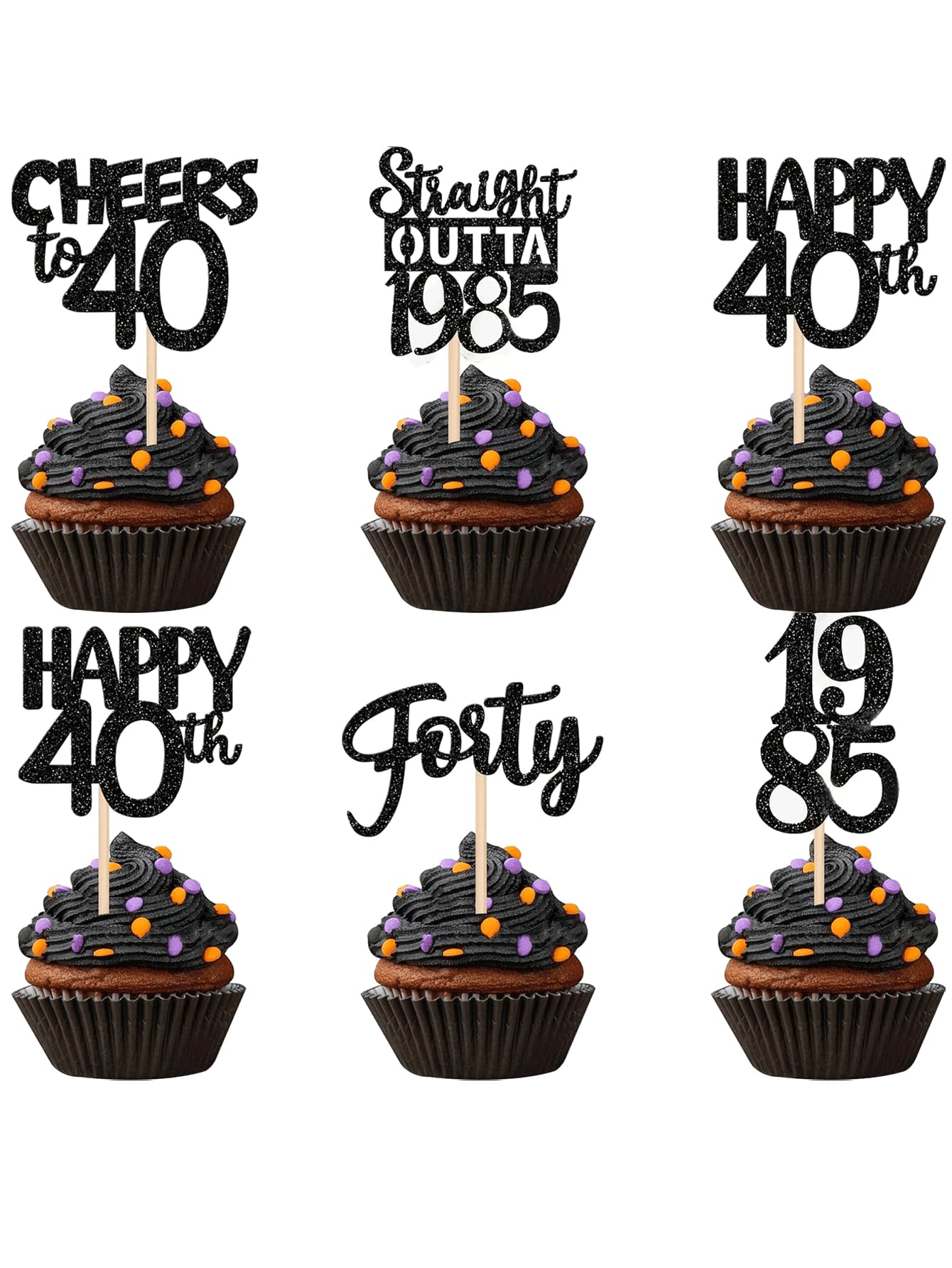 12PCS Black 40th Birthday Cupcake Toppers Glitter Forty Happy 40th ...