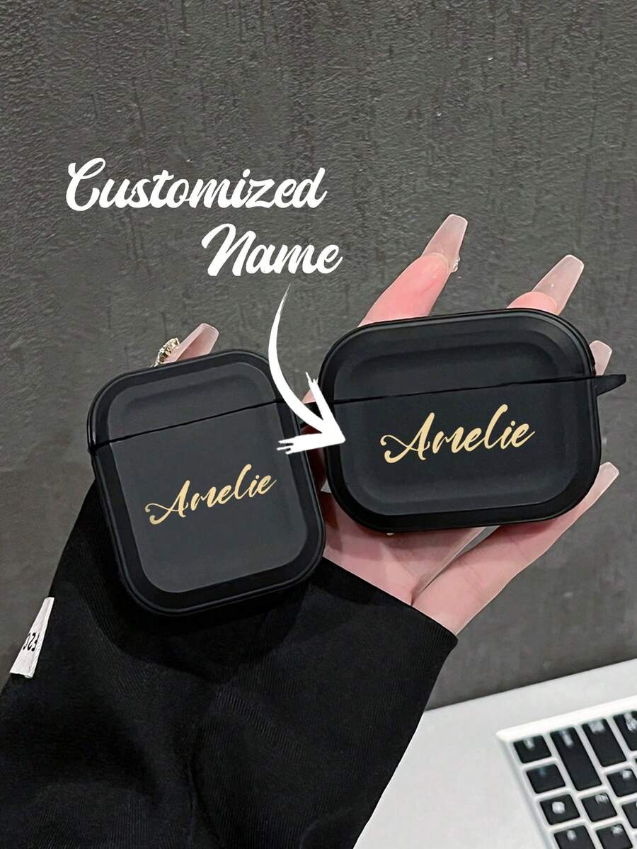 1pc Customized English Name Earphone Protective Case, Minimalist Black Color For AirPods 1/2 ...