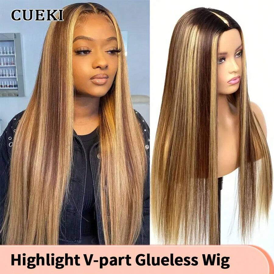 Parrucca V Part senza colla CUEKI, densità 180%, metà sintetica metà ...