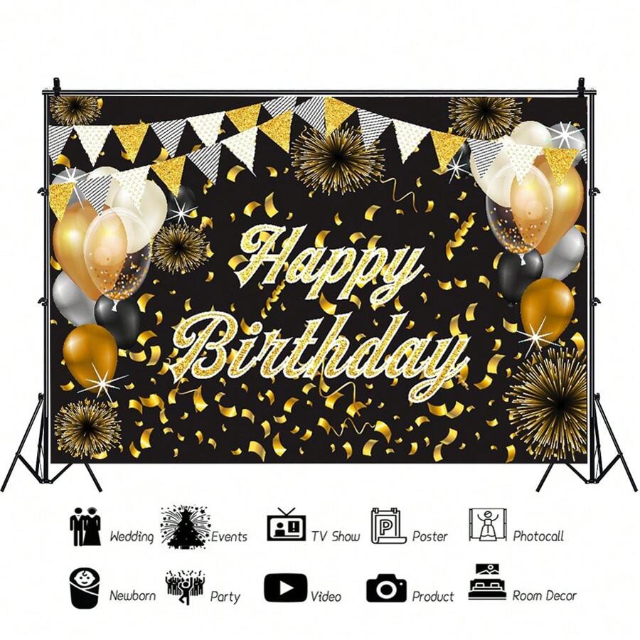 Gold Glitter Happy Birthday Party Backdrop, For Photo Black Happy Birthday Adult Theme Party ...