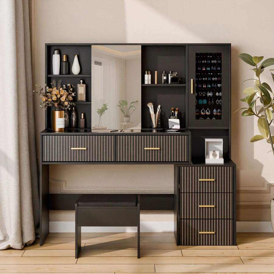Elegant Fluted Makeup Vanity Desk Set With Mirror, Modern Boho Dressing ...