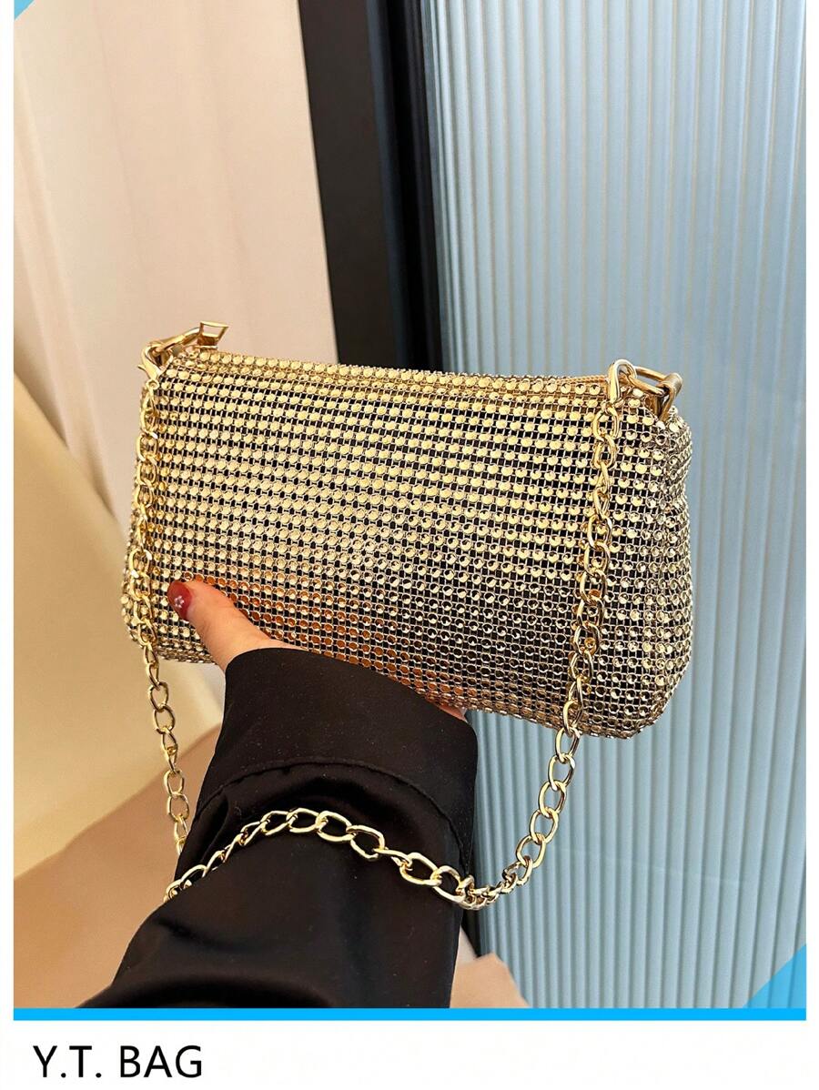 1pc Rhinestone Decor Minimalist Zippered Clutch Bag, Suitable For Women ...