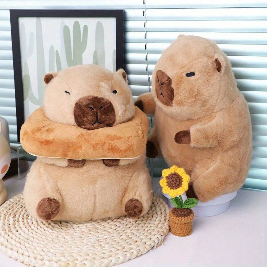 Cuddly Capybara Plush Pillow With Toast - Soft Polyester Stuffed Animal ...