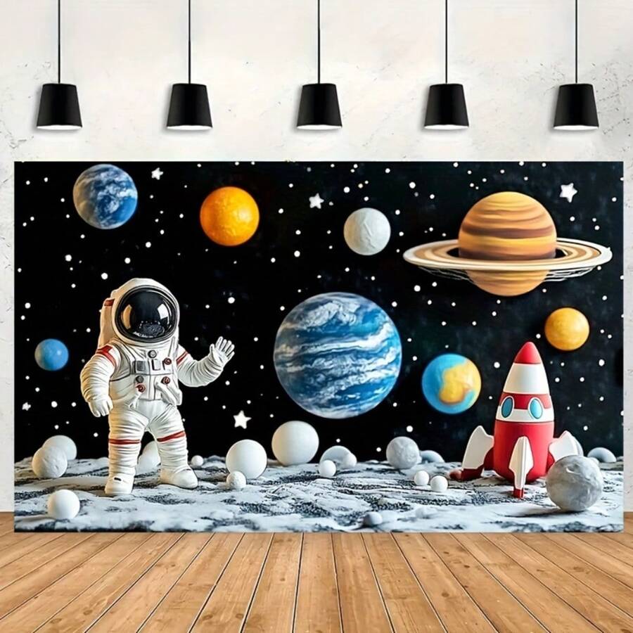 Space Themed Birthday Party Backdrop - Cartoon Outer Space Planets ...