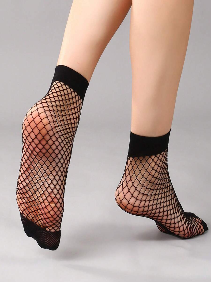 1 Pair Women Transparent Durable Black Fishnet Socks, Hollow Mesh ...