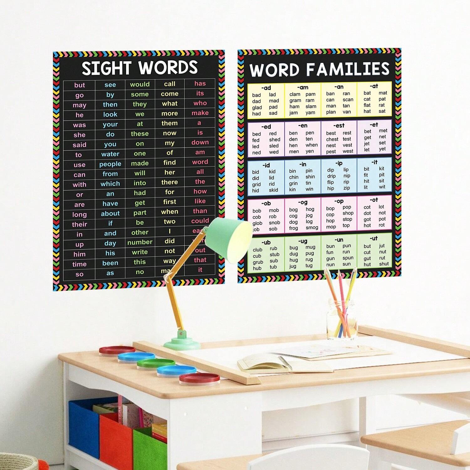 2 Sheets Kid English Sight Words & Word Families Posters Classroom ...