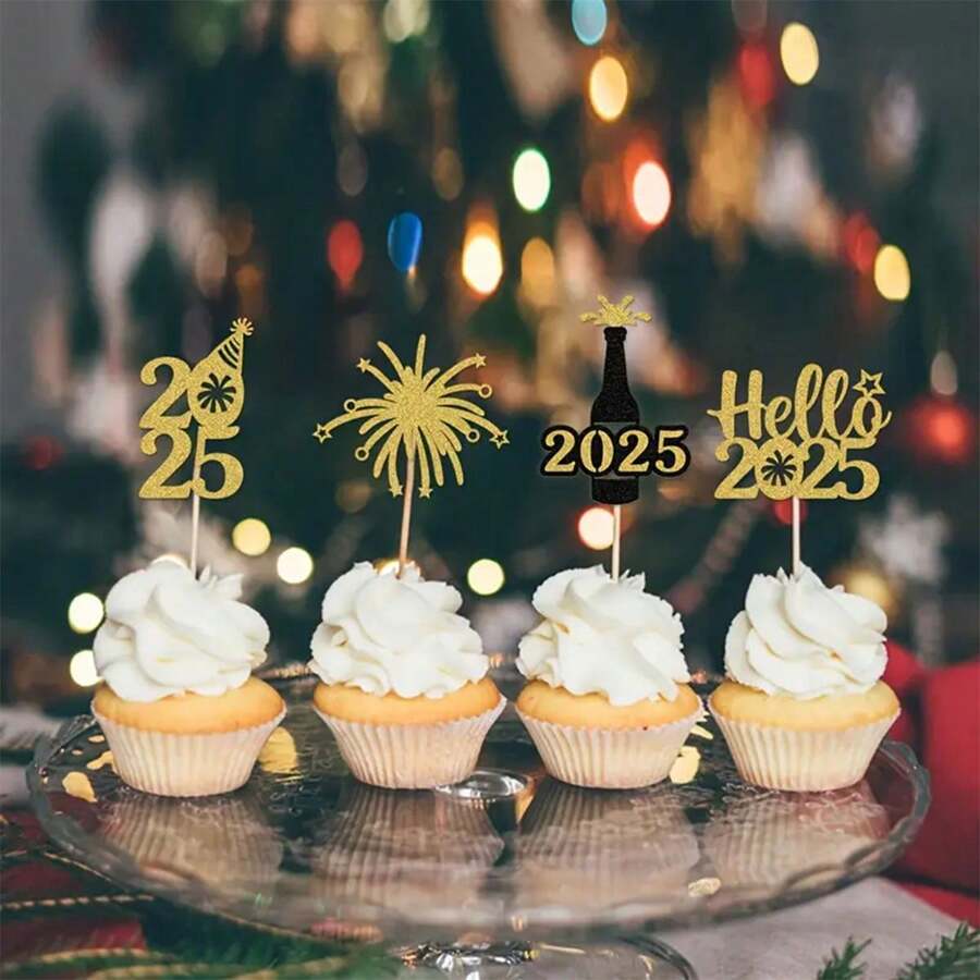 12pcs 2025 New Year Cake Topper Cards, New Year Theme Party Decorations ...