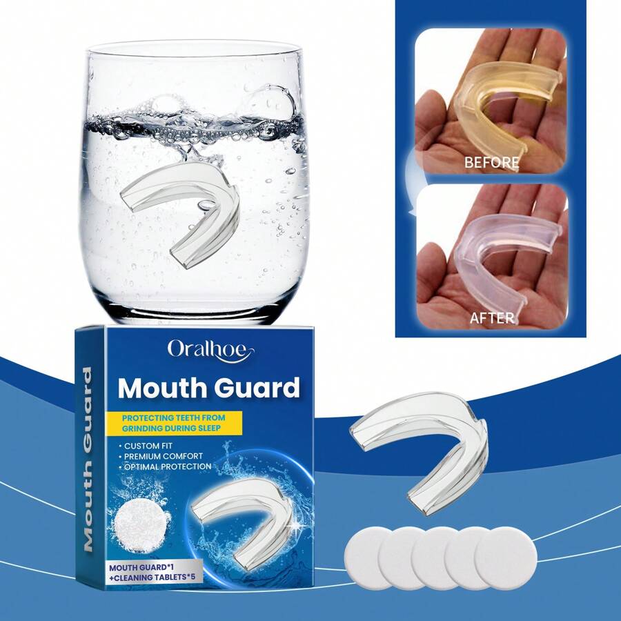 1pc Night Teeth Guard + 5pcs Teeth Cleaning Strips, Oral Care Set To ...