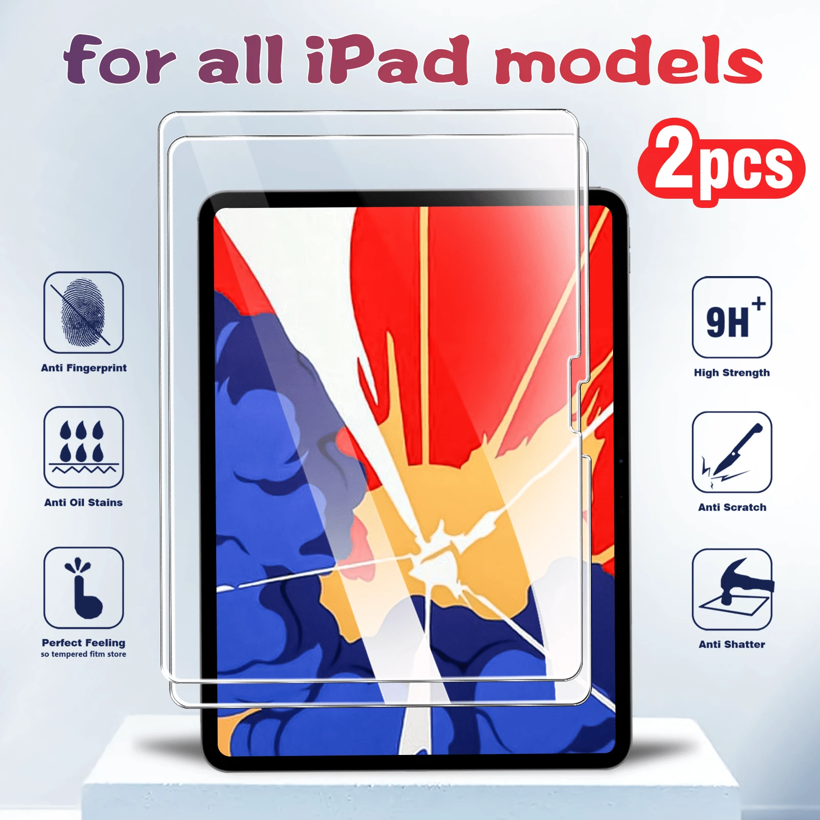 2pcs HD Tempered Glass Screen Protector Compatible With IPad / IPad Air/Pro/ Mini/1/2/3/4/5/6/7 ...