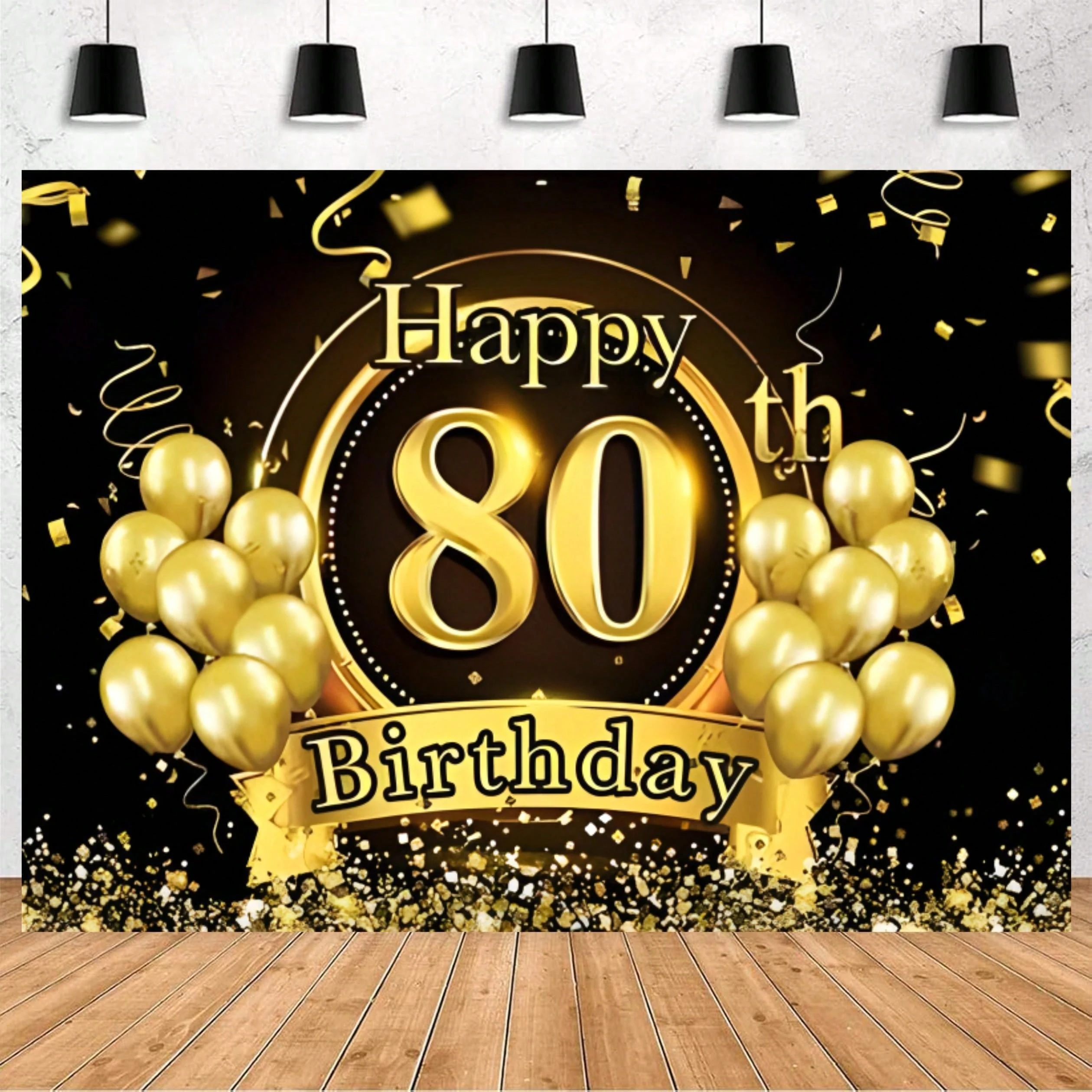 Black And Gold Balloon Years 80th Happy Birthday Background Fabric Gold ...