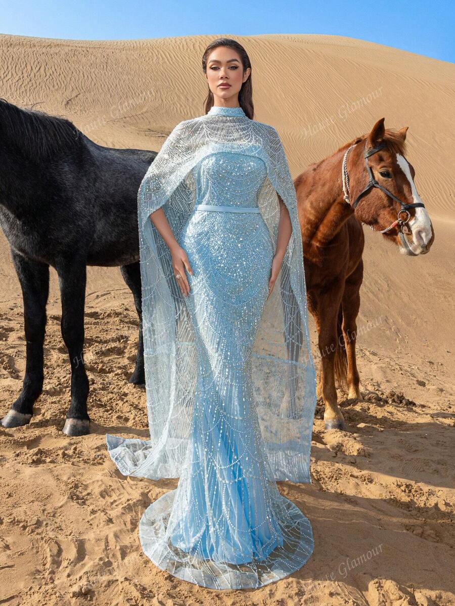 Luxurious Shimmering Beaded Sequin Maxi Cape Dress With Fish Tail Hem ...