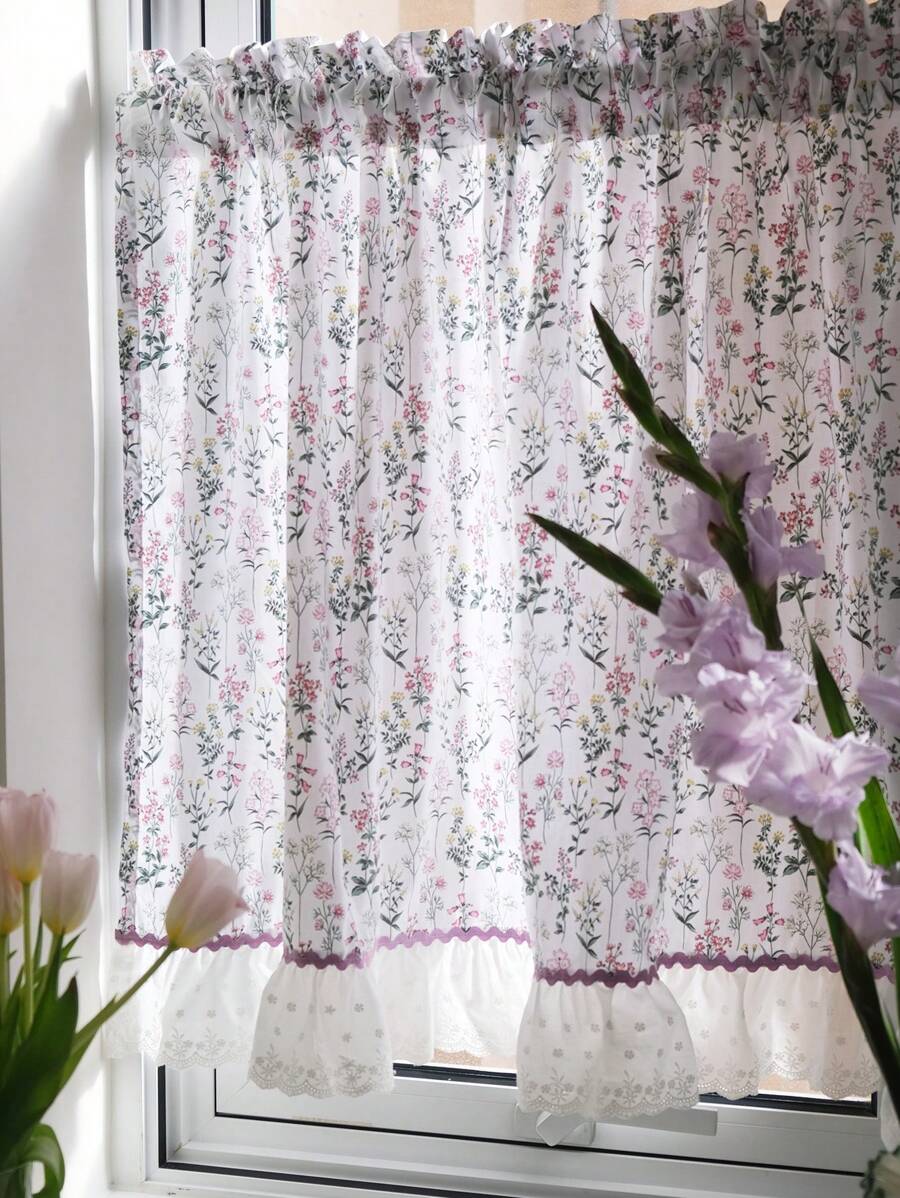 1pc Short Curtain & Valance & Coffee Valance, Purple Floral Romantic ...