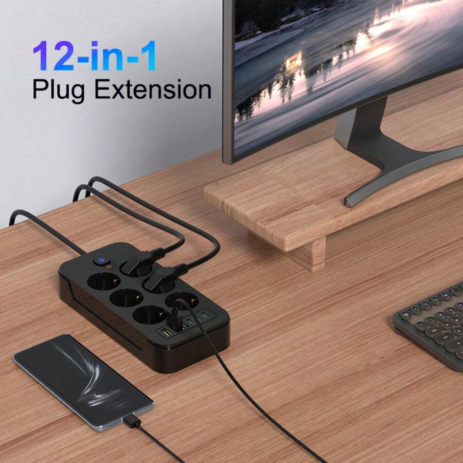 Europe 6 Sockets Power Strip Outlets Extender Switch AC Plug Outlets ...