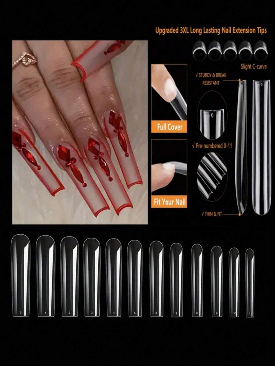 240 Fully Covered Long Coffin Gel Nail Tip Set - 12 Sizes For At-Home ...