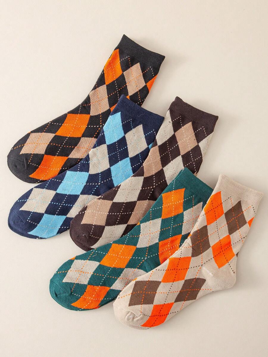 5 pares de calcetines medianos para mujer con patrón de rombo, cálidos ...