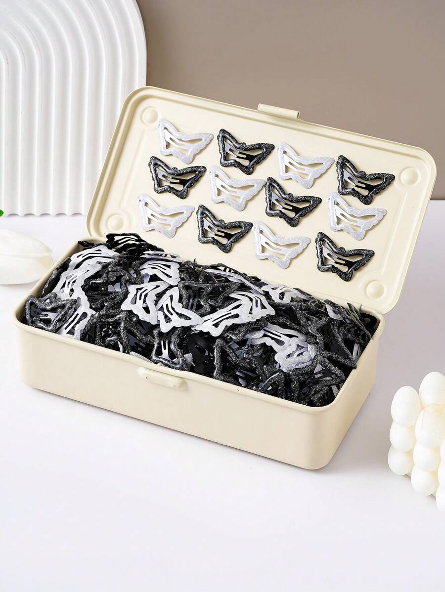 30pcs Black & White Shiny Powder Butterfly Hair Clips For Girls ...