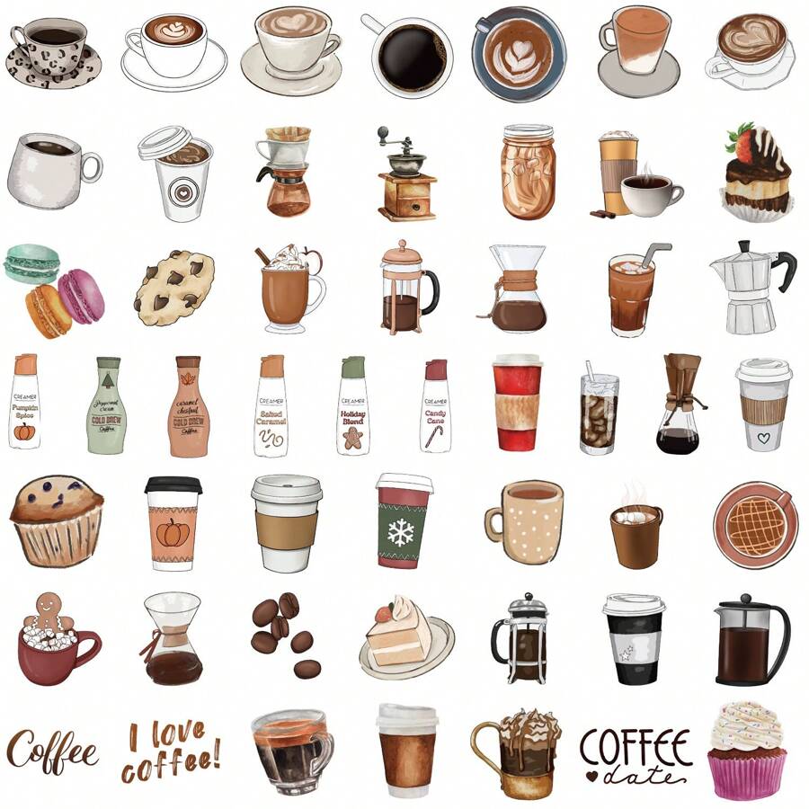 50 Pieces Cute Coffee Aesthetic Stickers For Laptop Water Bottle, Vinyl ...