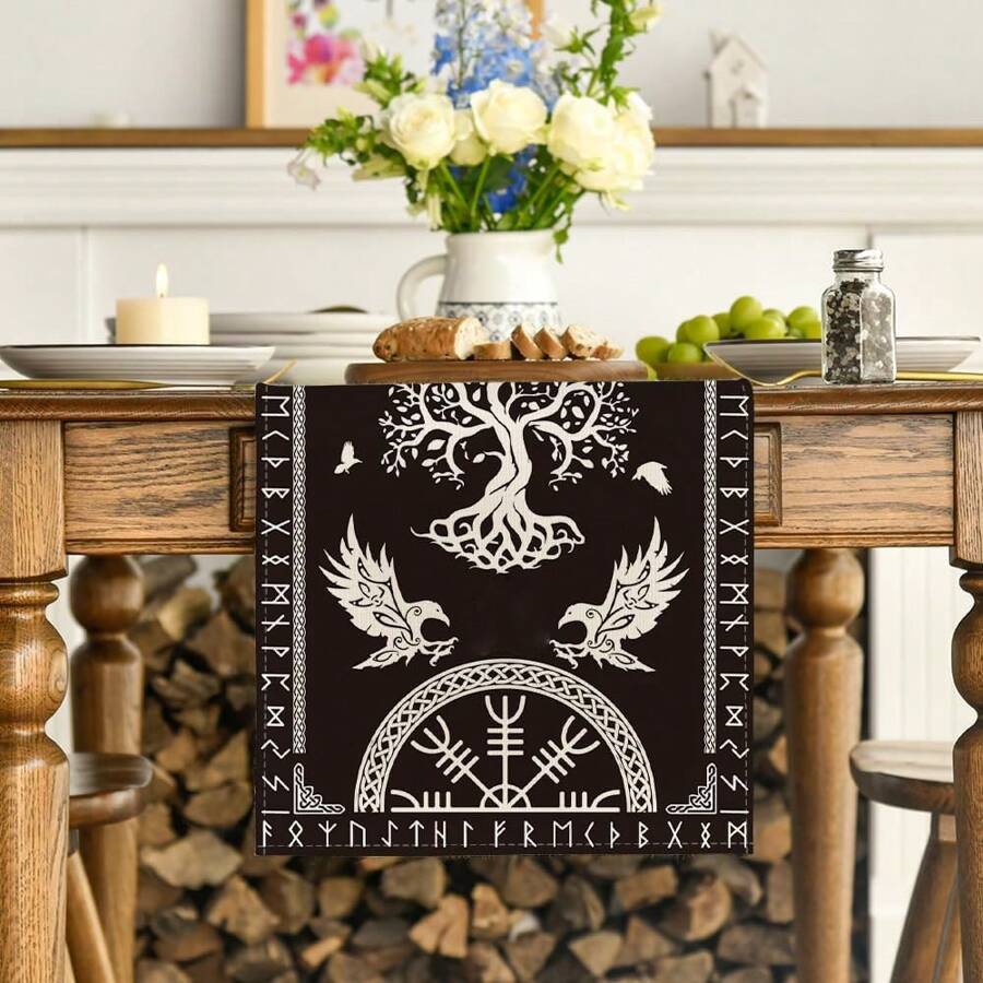 Viking Tree Of Life And Raven Print Table Runner, Seasonal Kitchen ...