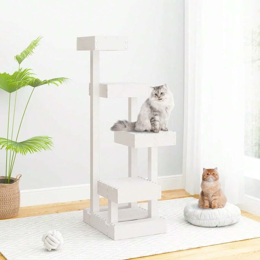 White Solid Wood Pine Cat Tree 45.5x403 Cm Spacious Climbing Structure ...