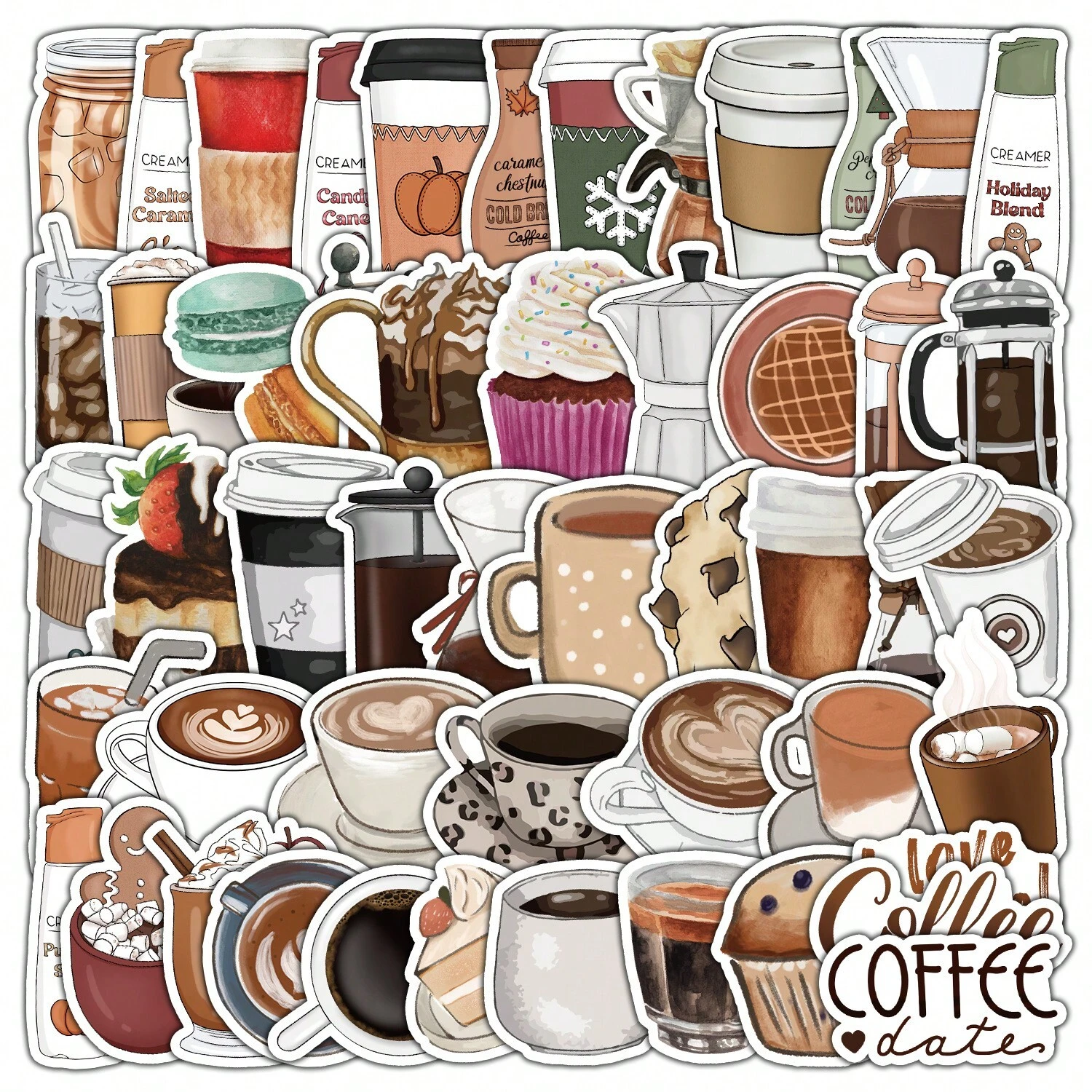 50 Pieces Cute Coffee Aesthetic Stickers For Laptop Water Bottle, Vinyl ...