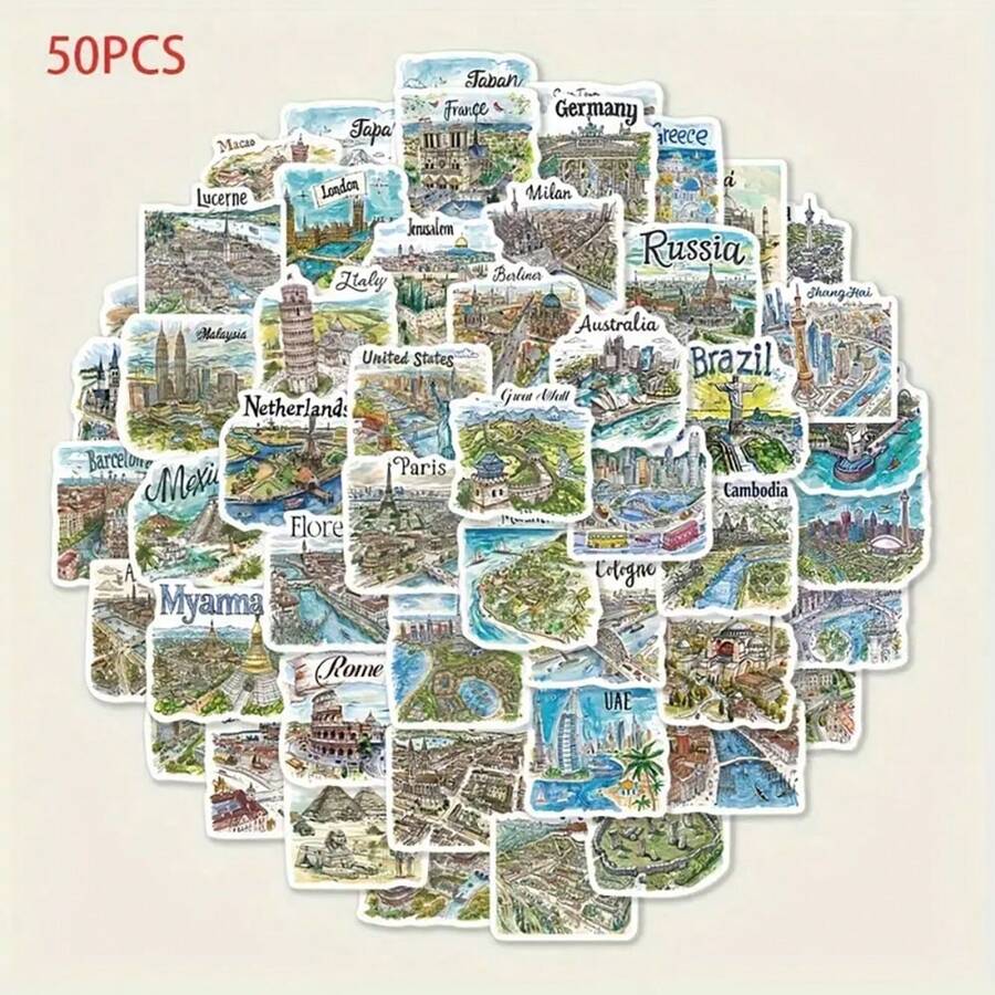 50 Pieces Cartoon Hand-Drawn Travel Map Aesthetic Stickers For Laptop ...