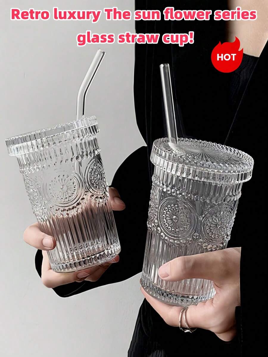 380ml / 12.85oz Vaso retro de lujo serie girasol con pajita de cristal - Vaso para café, té con ...