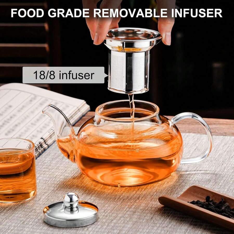 Théière en verre avec réchaud, infuseur amovible en acier inoxydable 18/8, théière en verre ...