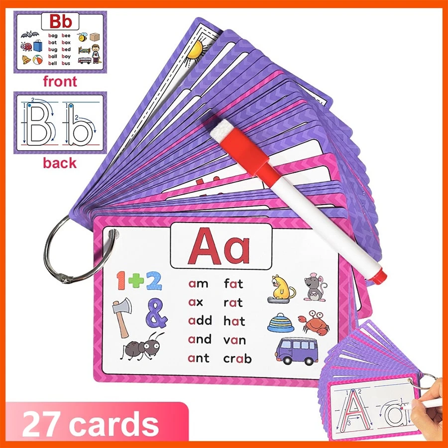 26 Letters CVC Word Learning Flashcards + 1 Reusable Pen For Tracing ...