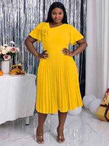 Plus-Size Ladies Asymmetrical Neck Elegant Ruffled Sleeve Pleated A-Line Skirt, Commute ...