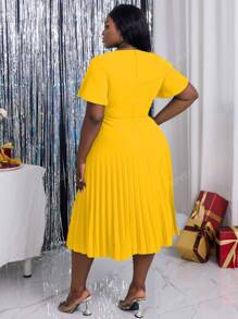 Plus-Size Ladies Asymmetrical Neck Elegant Ruffled Sleeve Pleated A-Line Skirt, Commute ...