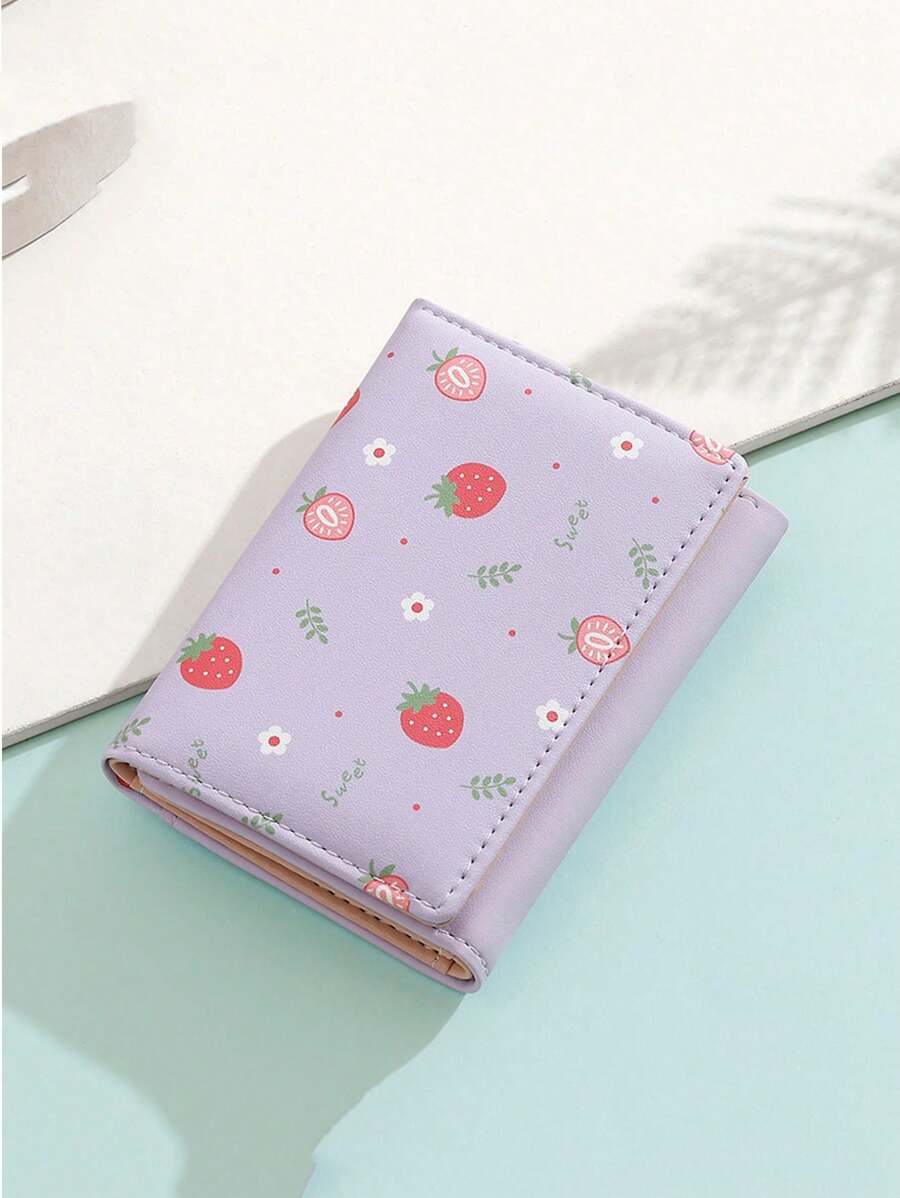 Strawberry Allover Print Simple Tri-Fold Women's Wallet Multi-Slot ...
