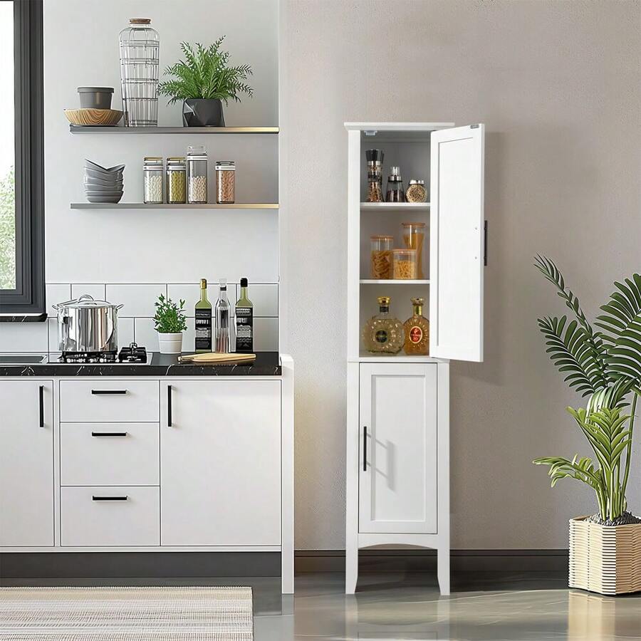 Floor Cabinet Wooden Tall Bathroom Storage Cabinet With 6 Tier 2-Door ...