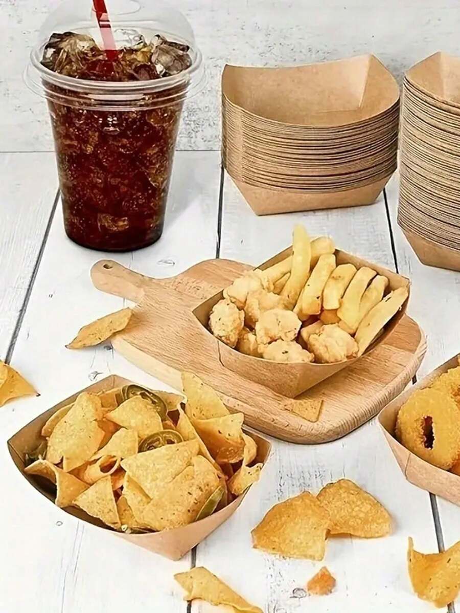 100pcs Disposable Kraft Paper Food Boats, Open Top Tray For Barbecue ...