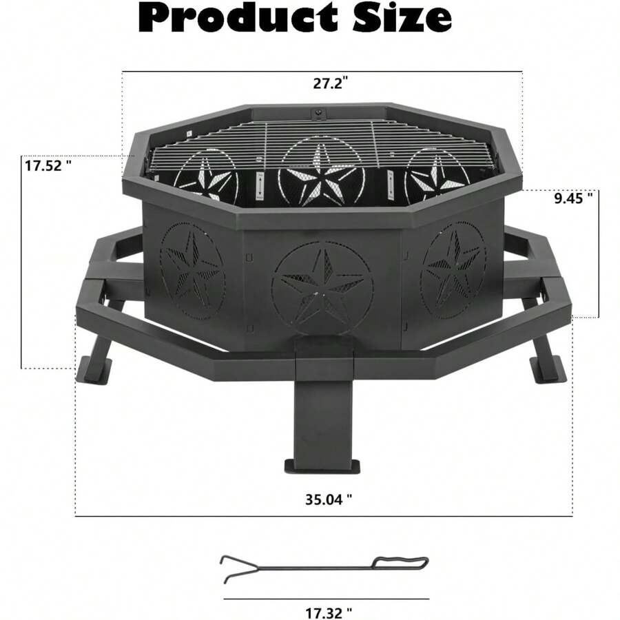 35 Inch Octagonal Fire Pit With Cooking Grill, Outdoor Fire Pit, Wood ...